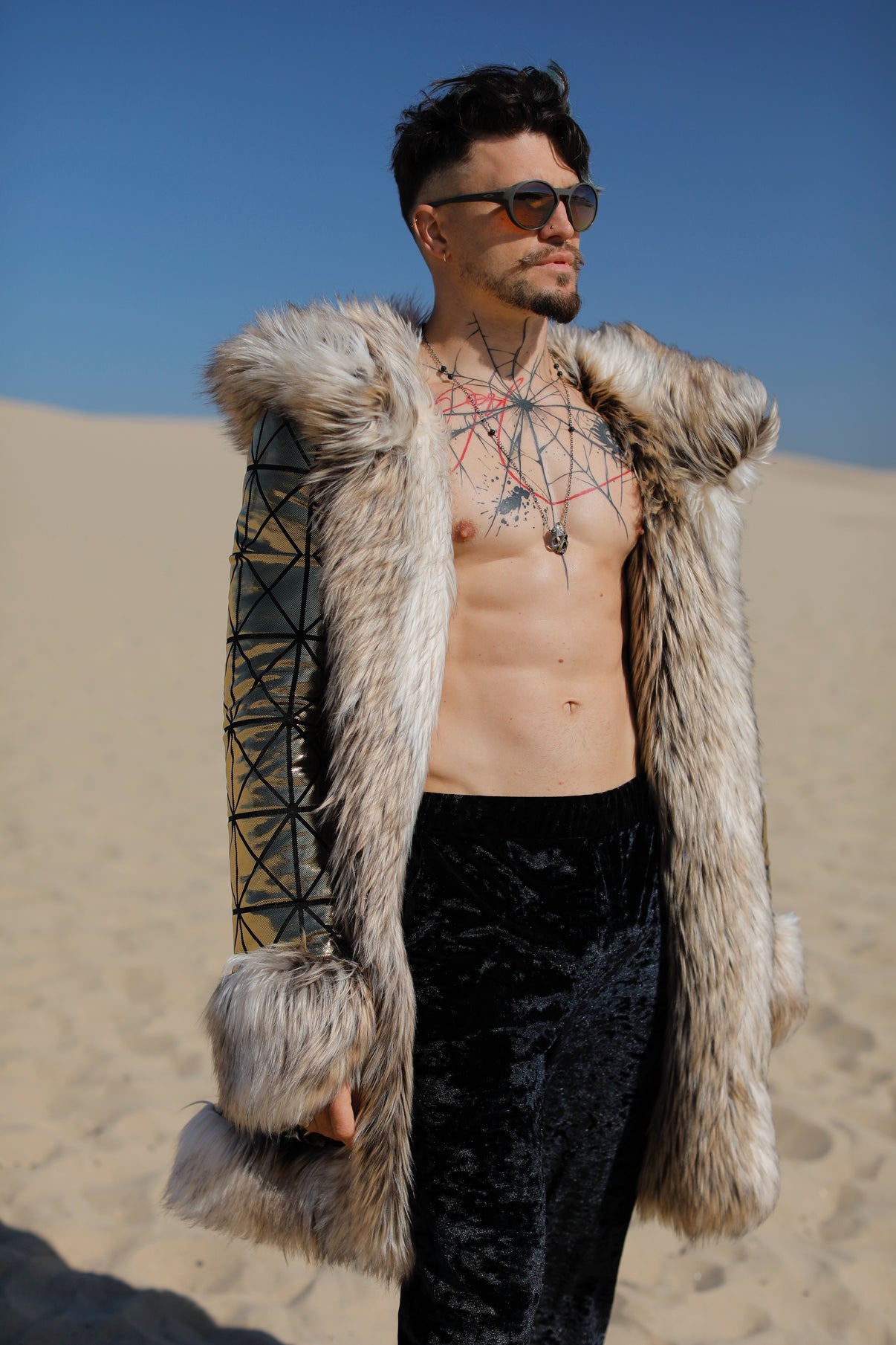 Golden Lion Reversible Faux Fur Coat | Burning Man Festival Wear | Holographic Spandex – Boho Coats